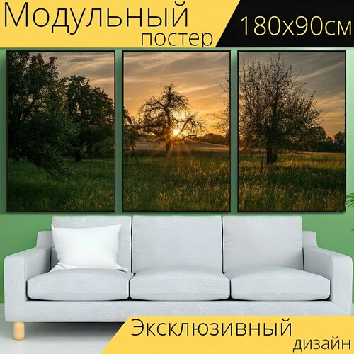 Модульный постер "Природа, пейзаж, заход солнца" 180 x 90 см. для интерьера