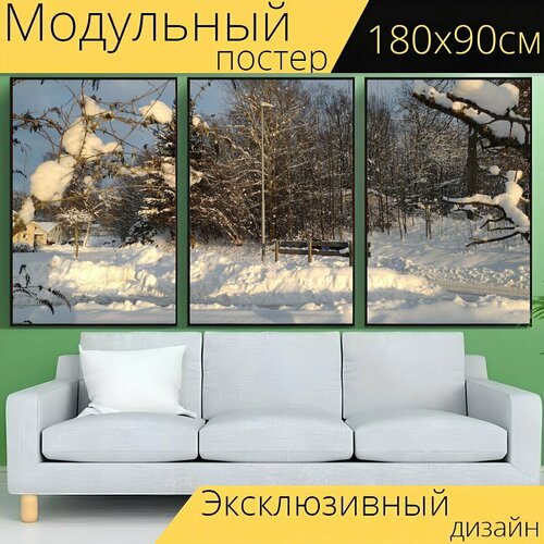 Модульный постер "Пейзаж, зима, швеция" 180 x 90 см. для интерьера