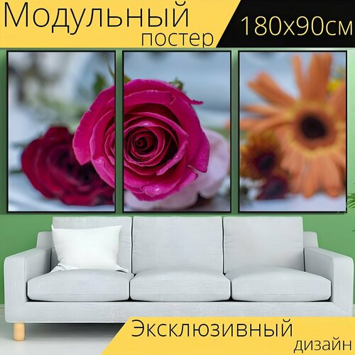 Модульный постер "Роуз, цветы, природа" 180 x 90 см. для интерьера