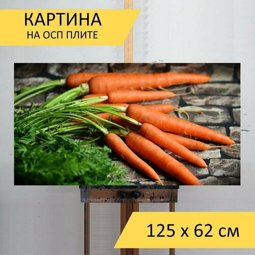 Картина на ОСП 125х62 см. "Морковь, овощи, уборка урожая" горизонтальная, для интерьера, с креплениями