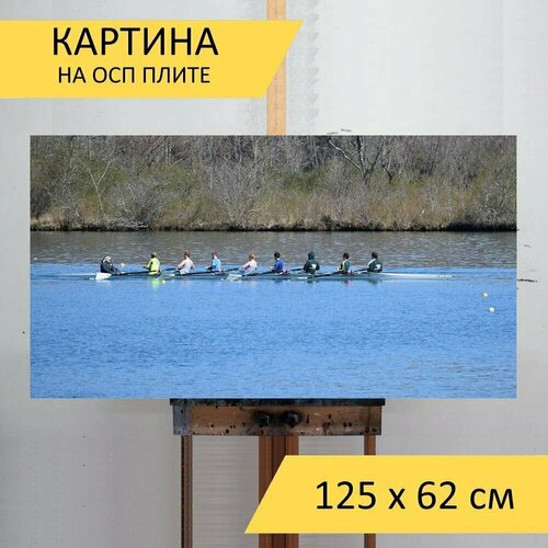 Картина на ОСП 125х62 см. "Мужские черепа гребле, гребной черепа, мужчины" горизонтальная, для интерьера, с креплениями