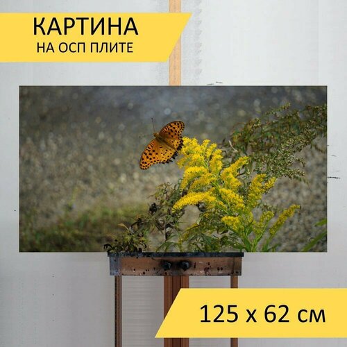 Картина на ОСП 125х62 см. "Бабочка, цветы, соцветие" горизонтальная, для интерьера, с креплениями