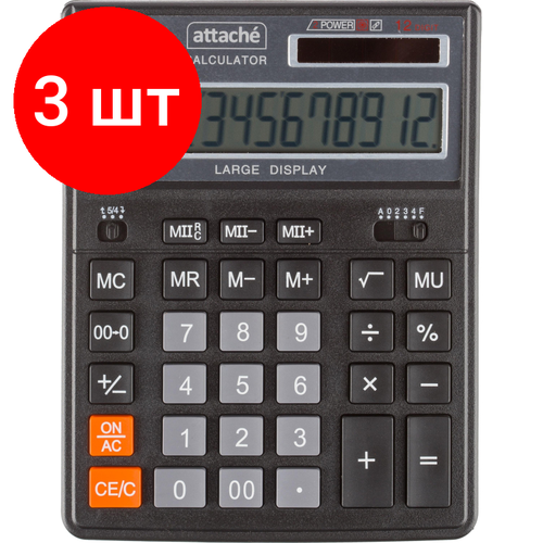 Комплект 3 штук, Калькулятор настольный полн/Р Attache AF-222, 12раз, дв. пит,203x158мм, черн