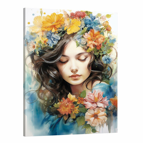 Интерьерная картина 50х70 "Девушка, окруженная цветочными красками"