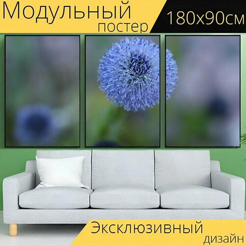 Модульный постер "Цветок, синий, макро" 180 x 90 см. для интерьера