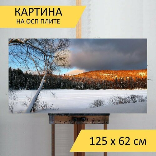 Картина на ОСП 125х62 см. "Пейзаж, природа, снег" горизонтальная, для интерьера, с креплениями