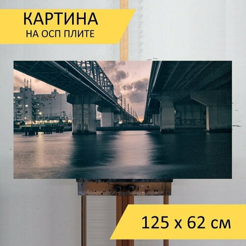 Картина на ОСП 125х62 см. "Мост, река, город" горизонтальная, для интерьера, с креплениями