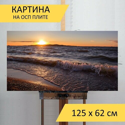 Картина на ОСП 125х62 см. "Закат, берег, волны" горизонтальная, для интерьера, с креплениями