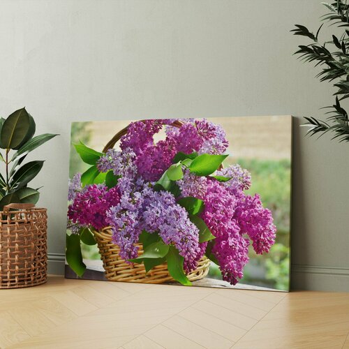 Картина на холсте "Корзина с фиолетовыми цветами на деревянном столе" 30x40 см. Интерьерная, на стену.