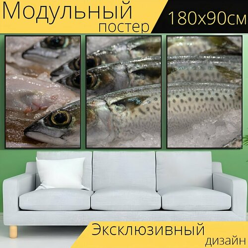 Модульный постер "Рыбы, рынок, еда" 180 x 90 см. для интерьера