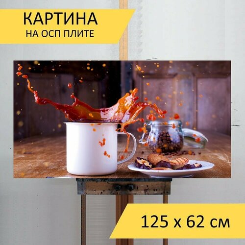 Картина на ОСП 125х62 см. "Кофе, чашка, всплеск" горизонтальная, для интерьера, с креплениями