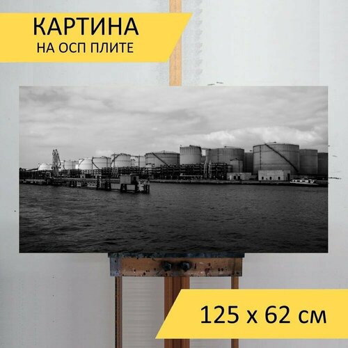 Картина на ОСП 125х62 см. "Озеро, порт, масло" горизонтальная, для интерьера, с креплениями