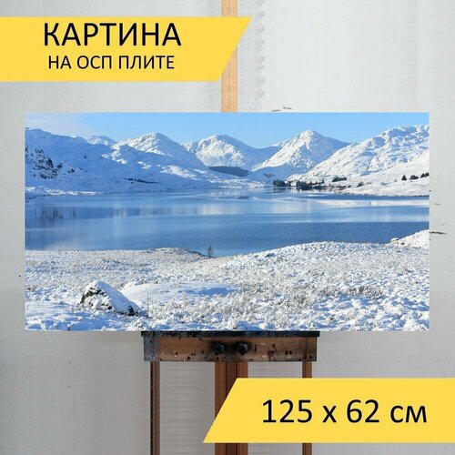 Картина на ОСП 125х62 см. "Шотландия, озеро, снег" горизонтальная, для интерьера, с креплениями