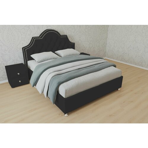 Двуспальная кровать Мирабель 140x200 с подъемным механизмом и с коробом для белья велюр черный ножки 5 см