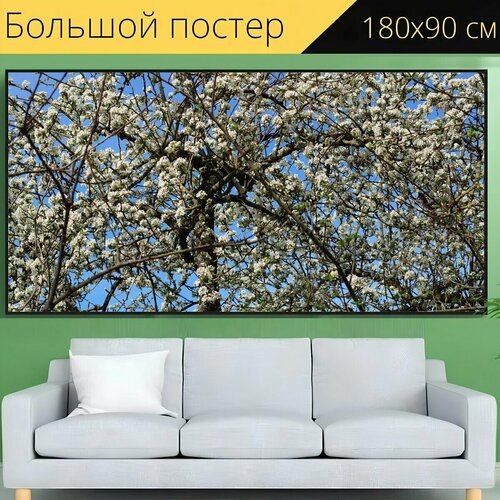 Большой постер "Яблоня, весна, яблоневый цвет" 180 x 90 см. для интерьера