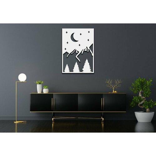 Декоративное панно деревянное, Горы и луна (белый цвет)