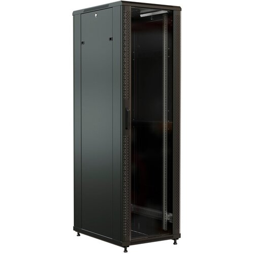 WRline Шкаф напольный 19-дюймовый, 22U, 1166x600x600 мм , передняя стеклянная дверь со стальными перфорированными боковинами, задняя дверь сплошная, цвет черный (RAL 9004) (разобранный)