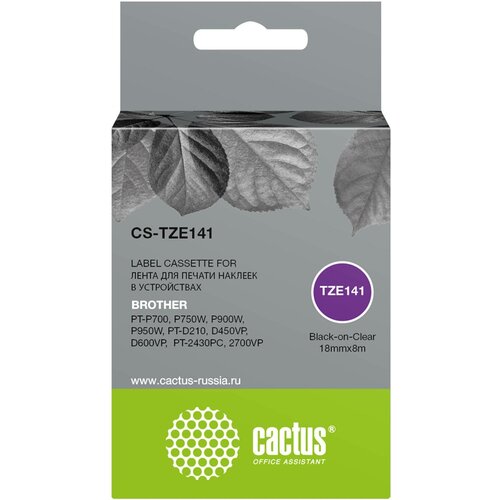 Cactus CS-TZE141 картридж ленточный (Brother TZE-141) черный на прозрачном 18 мм 8 м