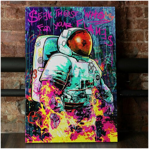 Картина на холсте "Время действий" для гостиной, дома, офиса / Современный постер, астронавт, космонавт, огонь, мотивация