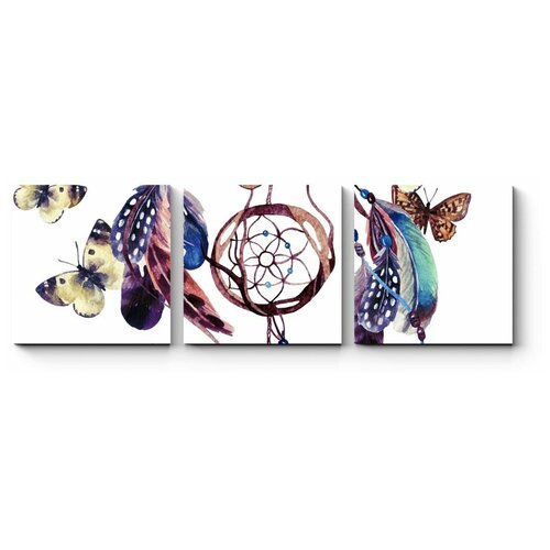 Модульная картина Ловец снов в окружении порхающих бабочек 130x43