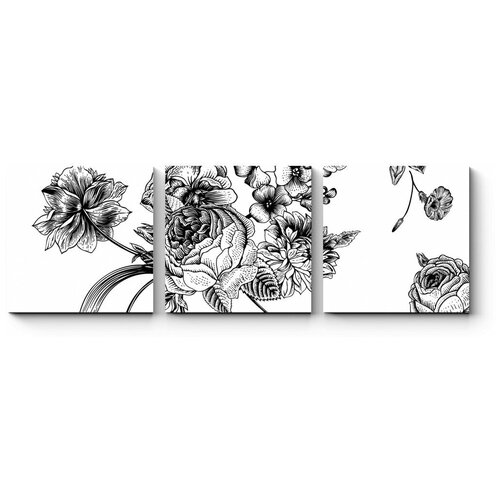 Модульная картина Черно-белое цветение 90x30