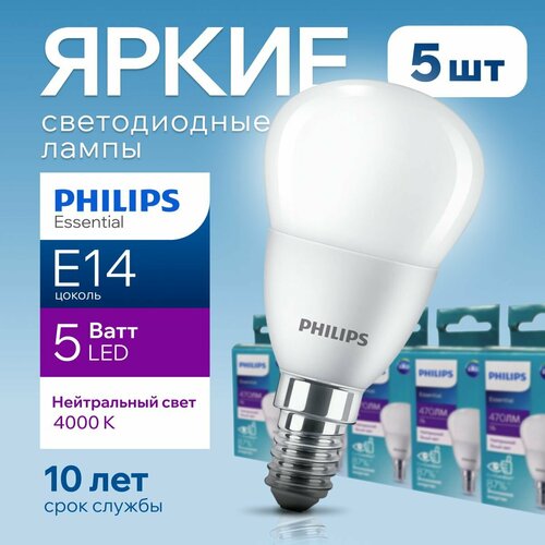 Лампочка светодиодная Philips шар Е14 5Вт, 4000К белый свет ESS LEDLustre 840 P48 FR матовая, 5W, E14, 470лм, набор 5шт