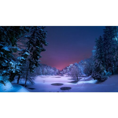 Картина на холсте 60x110 LinxOne "Зима ночь лес снег озеро" интерьерная для дома / на стену / на кухню / с подрамником