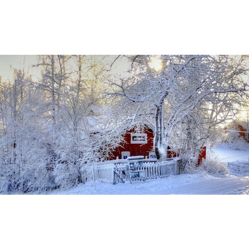 Картина на холсте 60x110 LinxOne "Зима природа снег дом деревья" интерьерная для дома / на стену / на кухню / с подрамником