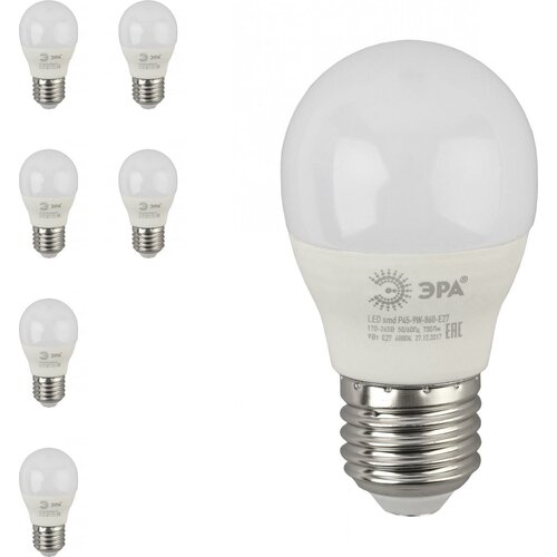 Светодиодная лампа ЭРА P45 9W эквивалент 80W 6000K 720Лм E27 шар (комплект из 6 шт)