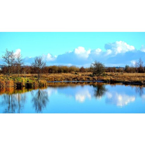 Картина на холсте 60x110 LinxOne "Небо облака озеро трава осень" интерьерная для дома / на стену / на кухню / с подрамником