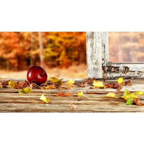 Картина на холсте 60x110 Альянс Лес "Яблоко лес рама осень листья" на подрамнике / интерьер/ декор