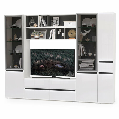 Мебельная глянцевая Стенка для гостиной под телевизор со шкафом 260см белый/чёрный/МДФ белый глянец - НЖ1595