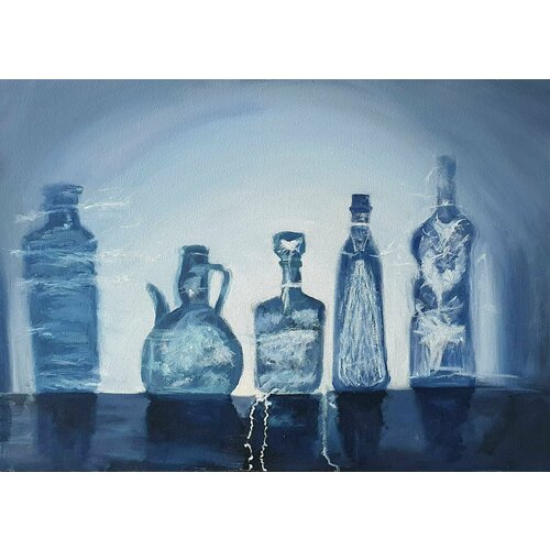 Картина маслом "Тени #5 Бутылки" 50х70 см синий цвет