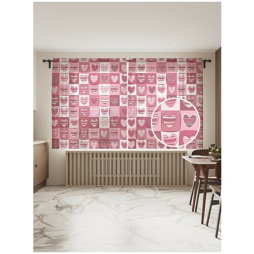 Тюль для кухни и спальни JoyArty "Панно с сердцами", 2 полотна по 145x180 см.