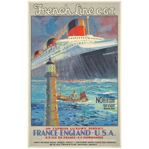 Постер / Плакат / Картина Корабли - Французская линия France - England - U.S.A 40х50 см в подарочном тубусе