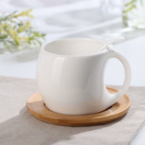 Чайная пара керамическая Эстет, чашка 220 мл, деревянное блюдце