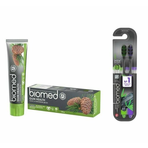Паста зубная Biomed Gum Health, 100 г и Набор зубных щеток Black средней жесткости, 2 шт