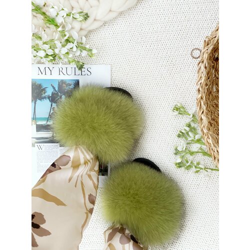 Тапочки Лапки Кошки Тапочки летние женские из песца, размер 38, зеленый