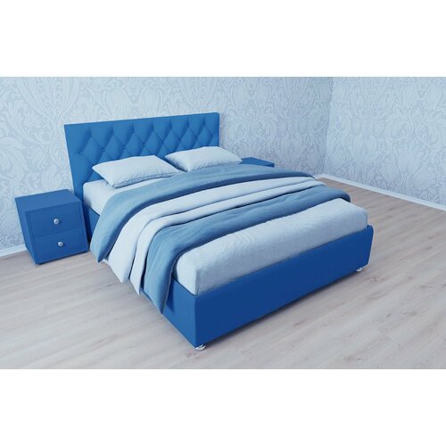 Двуспальная кровать Версаль 160x200 с подъемным механизмом и с коробом для белья велюр синий без ножек