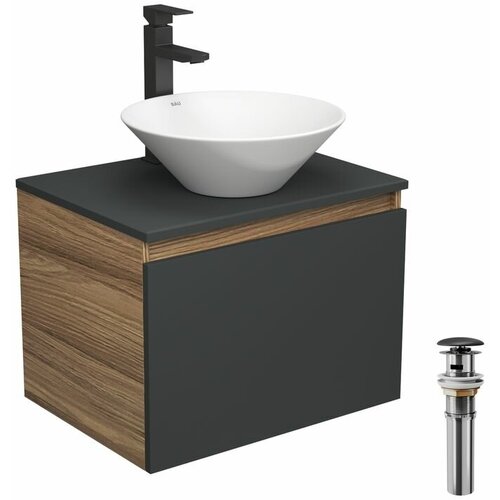 Комплект для ванной, 4 предмета (тумба Bau 60, графит + раковина BAU Dream D43 + смеситель Hotel Black, выпуск клик-клак, черный)