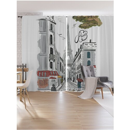 Шторы, фотошторы JoyArty "Париж кафе и эйфелевая башня” 170х265 см (2 полотна), ткань оксфорд