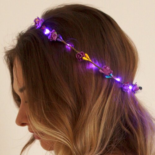 Ободок для волос женский светящийся с цветами фиолетовый