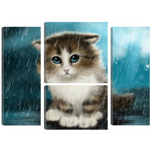 Модульная картина "Котенок под дождем". В детскую. PR-1891 (74x52см). Натуральный холст