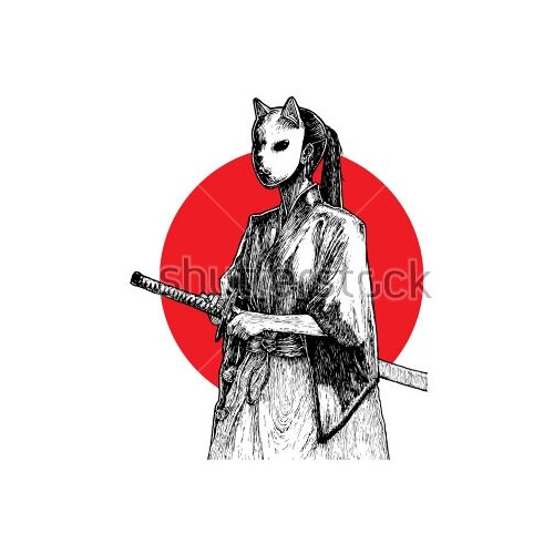 Постер Девушка-самурай в маске с мечом на фоне красного круга 30см. x 30см.