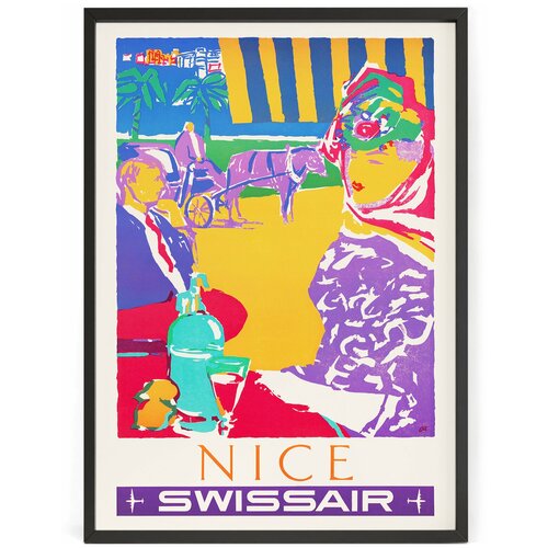 Мид-сенчури тревел плакат на стену Ницца, Франция Swiss Air 1950 год 70 x 50 см в тубусе