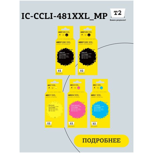 Комплект картриджей T2 IC-CCLI-481XXL_MP для Canon: PGI-480BK XXL/CLI-481 XXL, пигментный черный, черный, голубой, пурпурный, желтый
