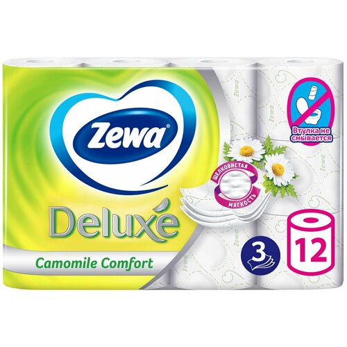 Бумага туалетная 3-х слойная 12 рулонов (12 18 м), С ароматом ромашки, ZEWA Deluxe, 53613 В заказе:1 шт.