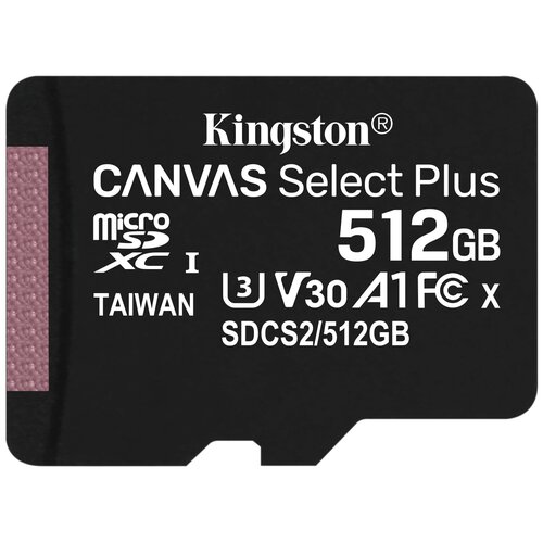 Карта памяти Kingston microSDXC 512 ГБ Class 10, V30, A1, UHS-I U3, R/W 100/85 МБ/с, 1 шт., черный