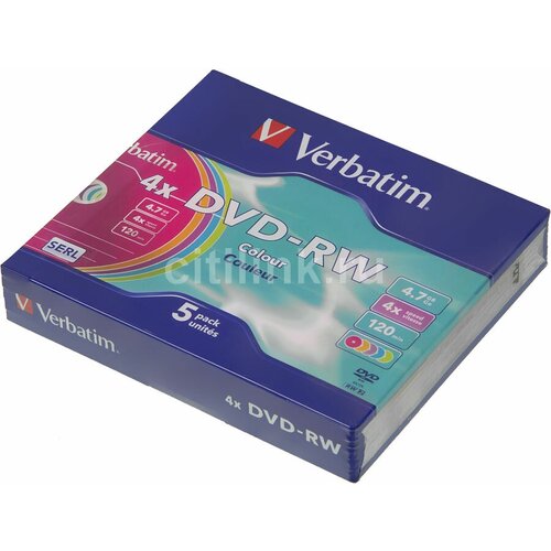 Оптический диск DVD-RW VERBATIM 4.7Гб 4x, 5шт, slim case, разноцветные [43563]