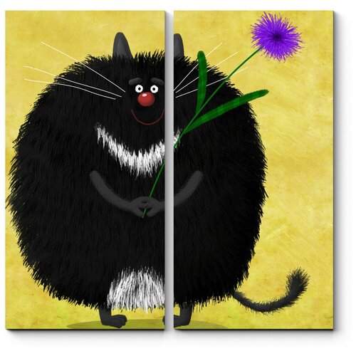 Модульная картина Милый черный кот с фиолетовой астрой 100x100
